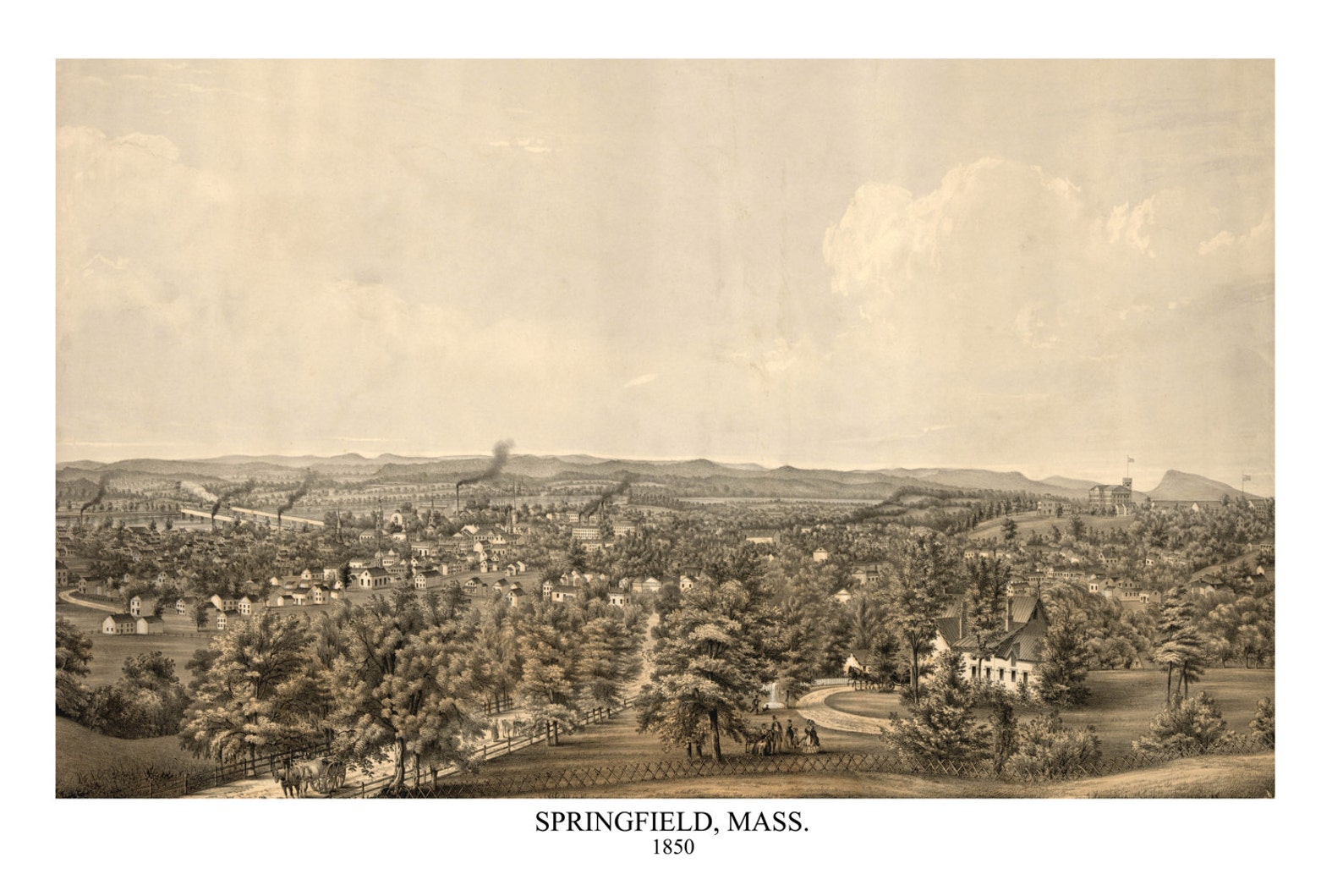 Springfield MA, 1850 24x36 Inch Print Reproduced From a Vintage ...