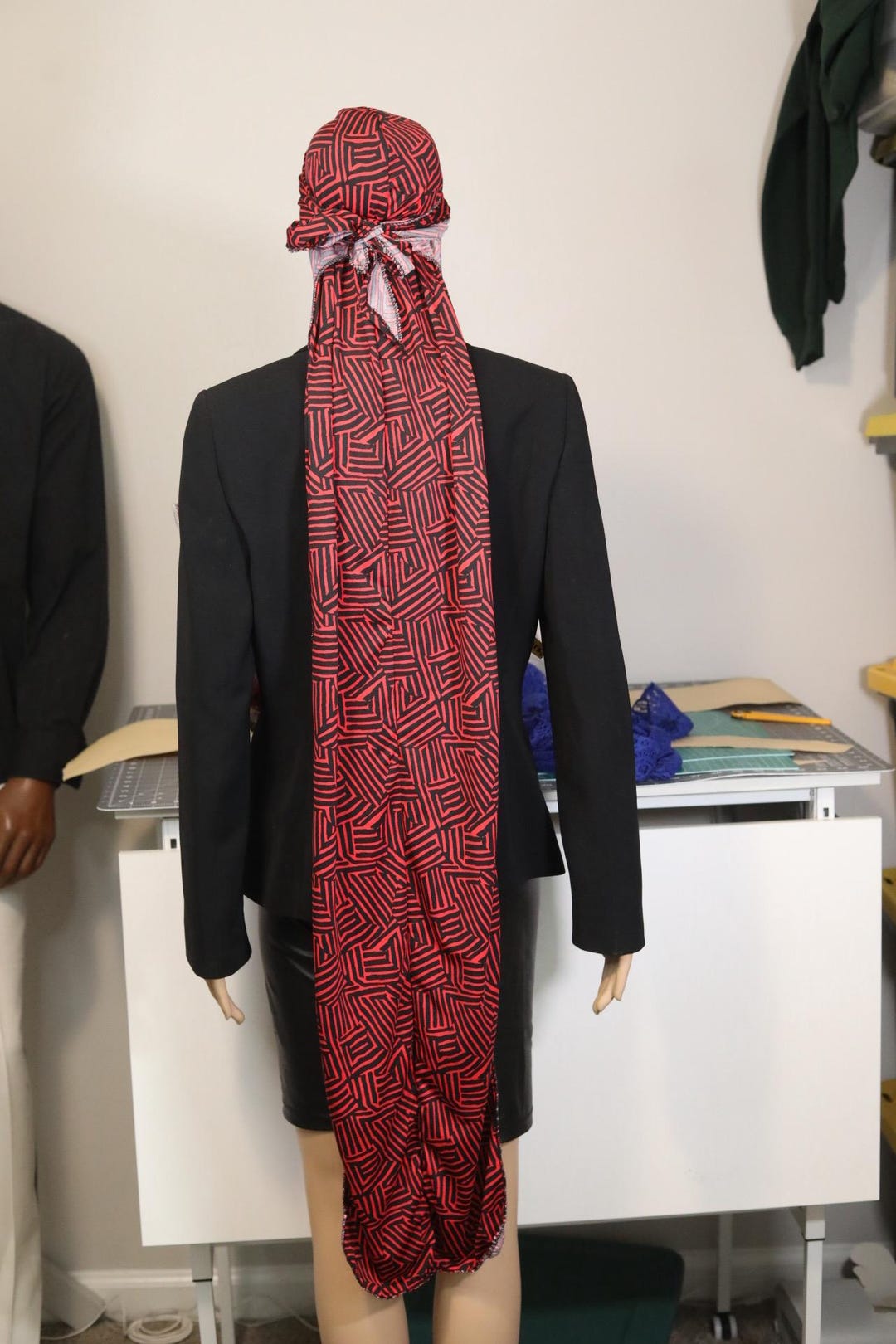 48-inch Red and Black Geometric Durag – Long Tail Stretch Headwrap ...