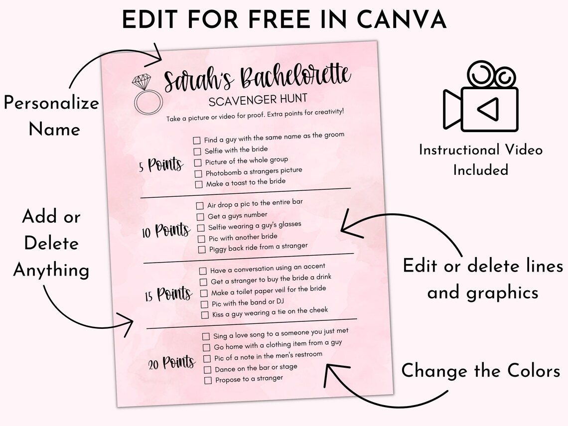 Editable Bachelorette Photo Scavenger Hunt, Bar Scavenger Hunt, Selfie ...