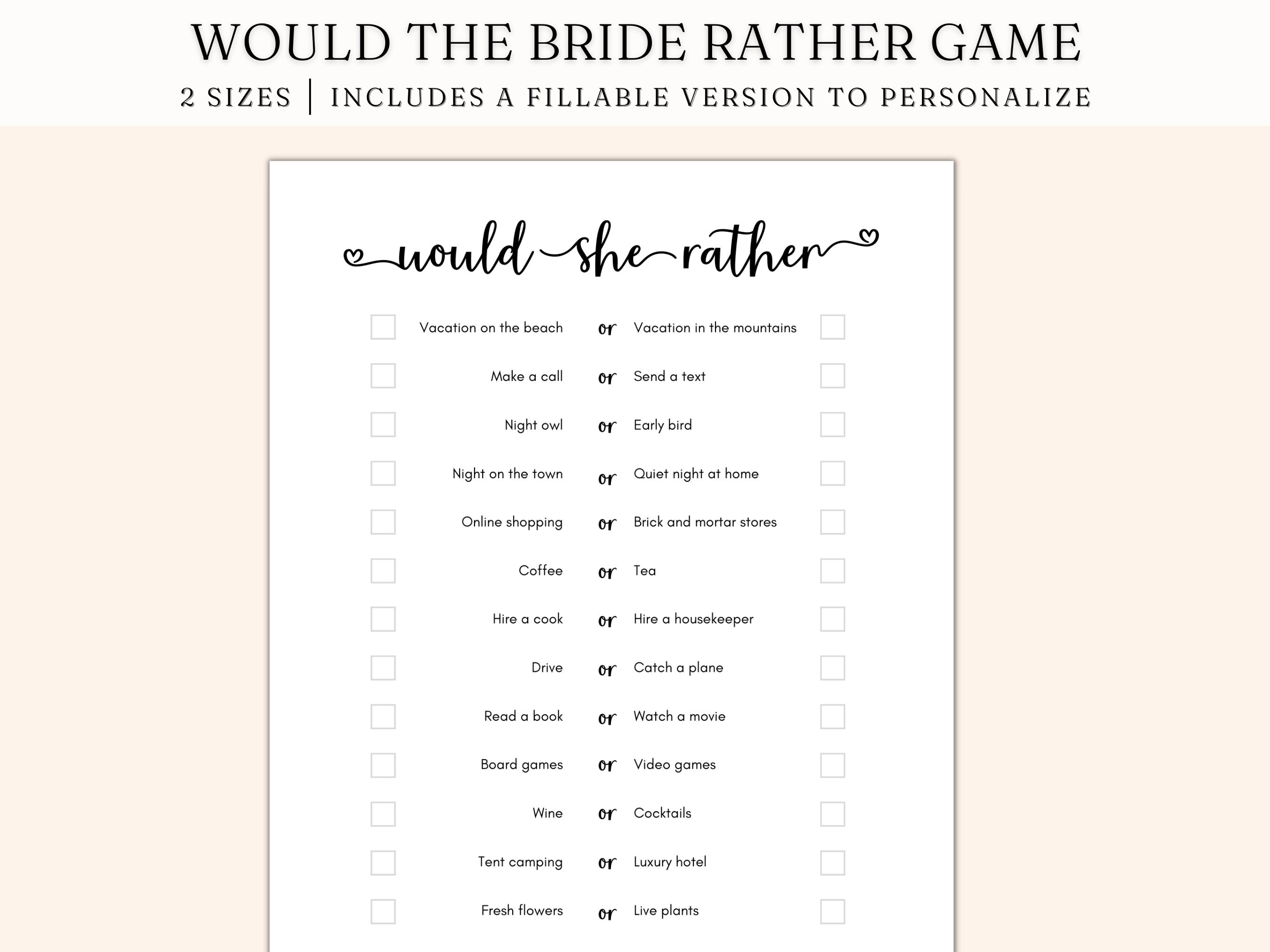 Editable Would She Rather Bridal Shower Game, Who Knows Bride Best ...