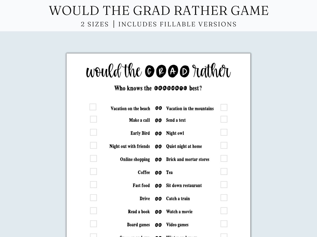 Editable Would the Grad Rather Printable Graduation Games, This or That ...