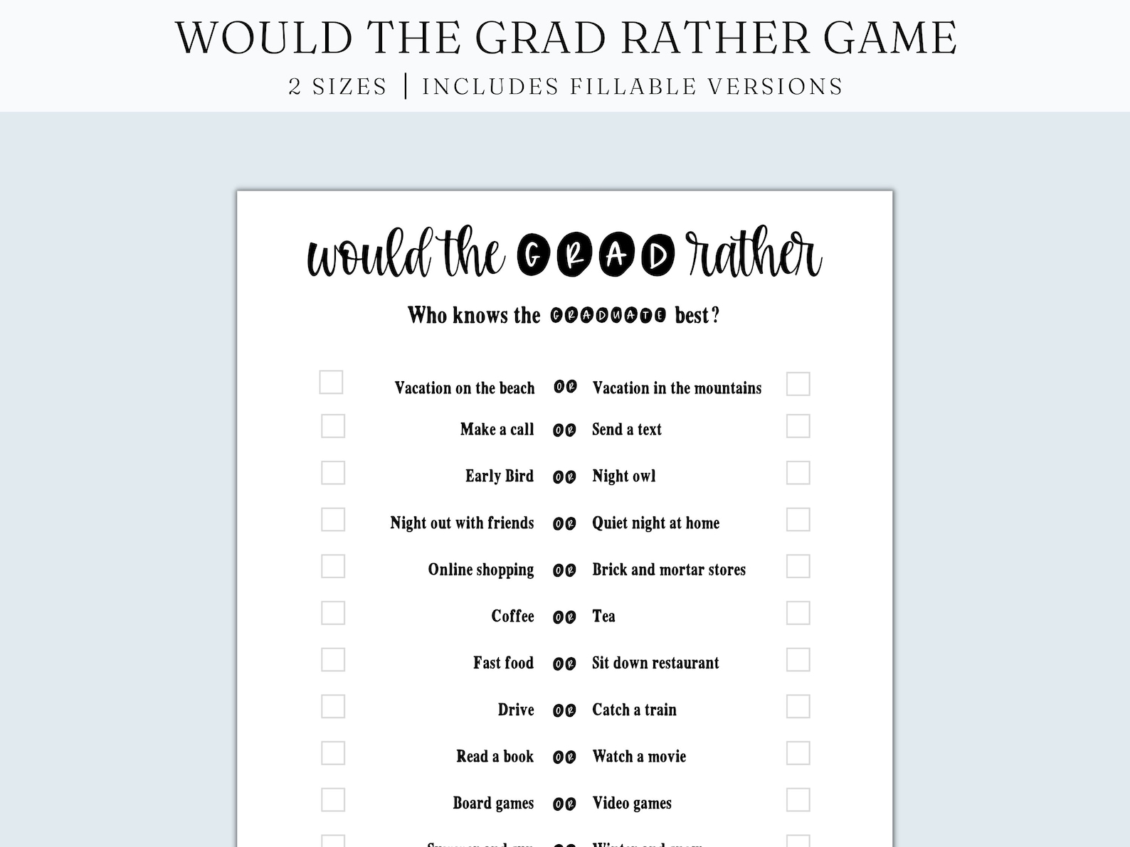 Editable Would the Grad Rather Printable Graduation Games, This or That ...