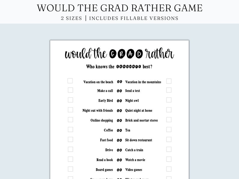 Editable Would the Grad Rather Printable Graduation Games, This or That ...