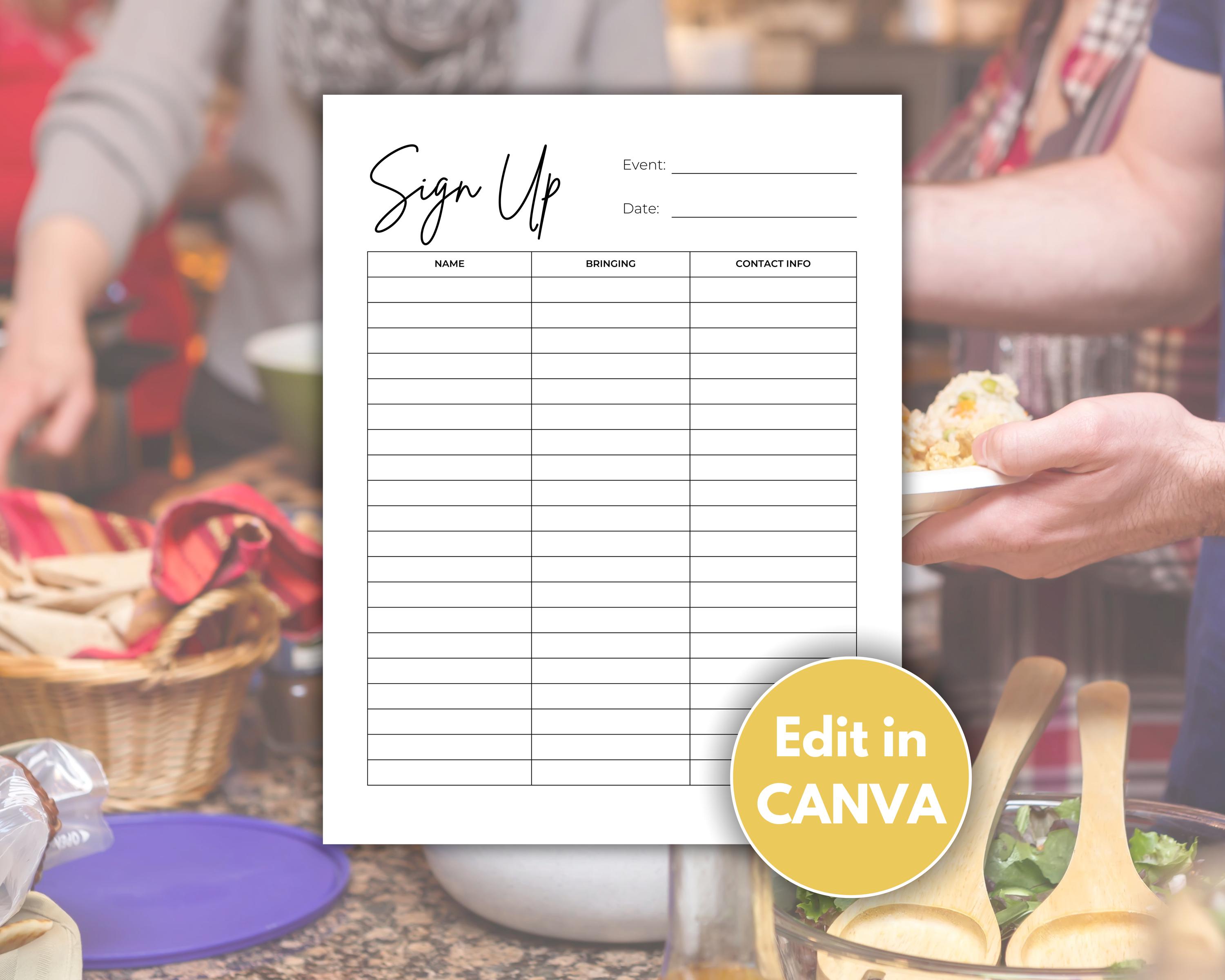 Editable Sign up Sheet, Potluck Sign Up, Snack Sign up Sheet, Food Sign ...