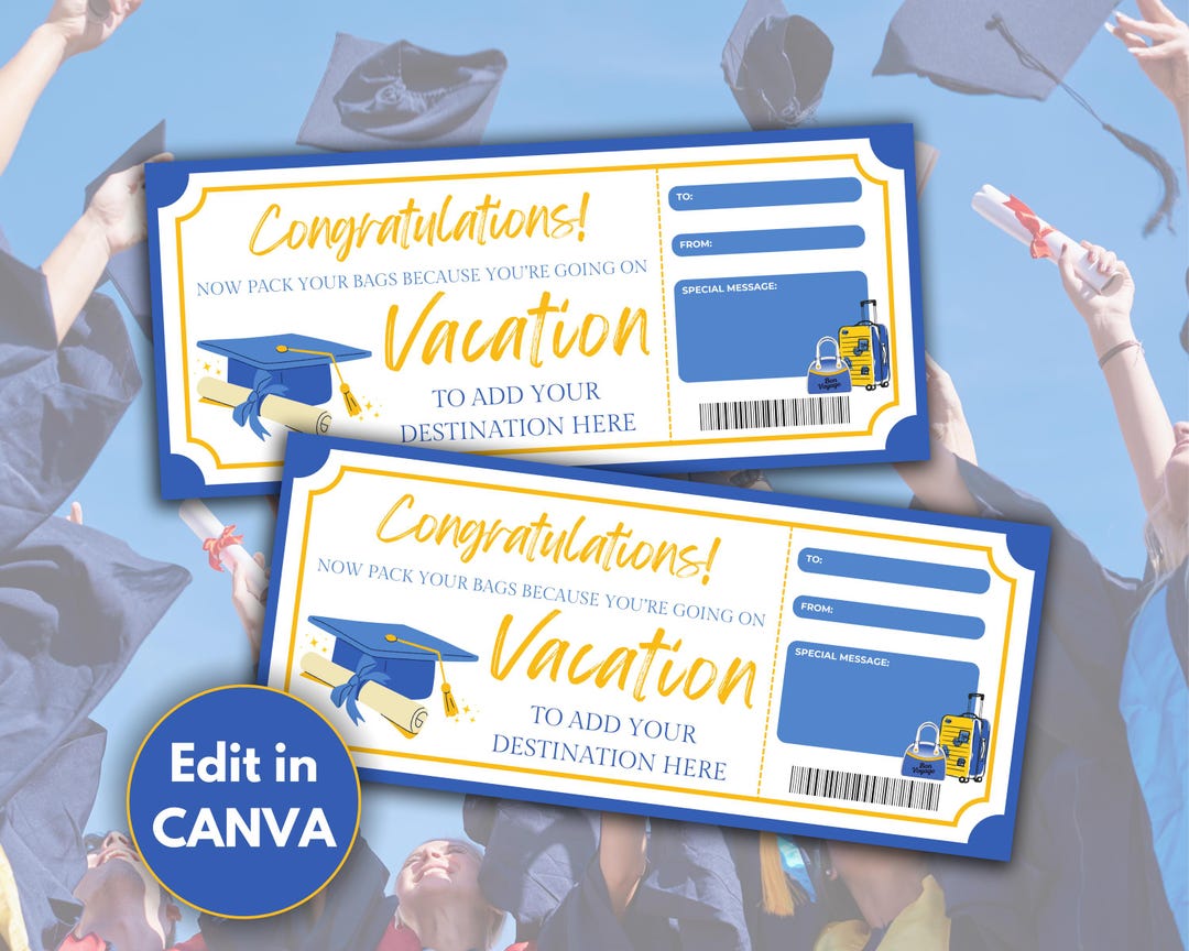 Editable Graduation Vacation Ticket, Vacation Surprise, Graduation Trip ...