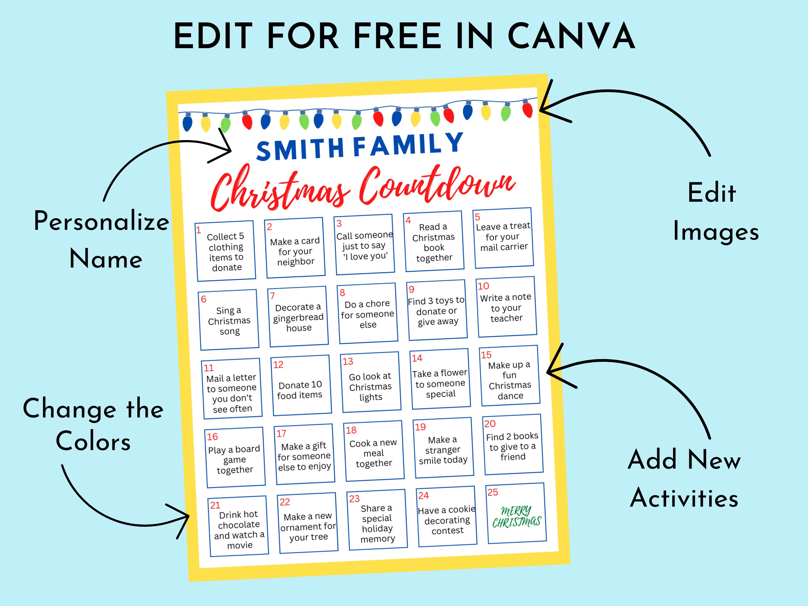 Editable Christmas Countdown Calendar, Family Activity Christmas ...