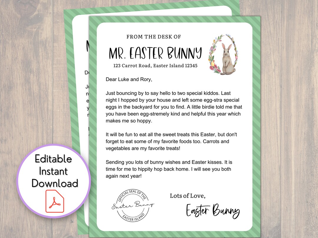 EDITABLE Easter Bunny Letter for Kids, Letter From Easter Bunny ...