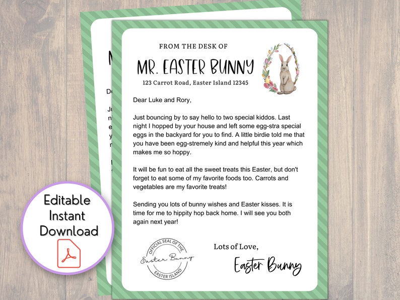 EDITABLE Easter Bunny Letter for Kids, Letter From Easter Bunny ...