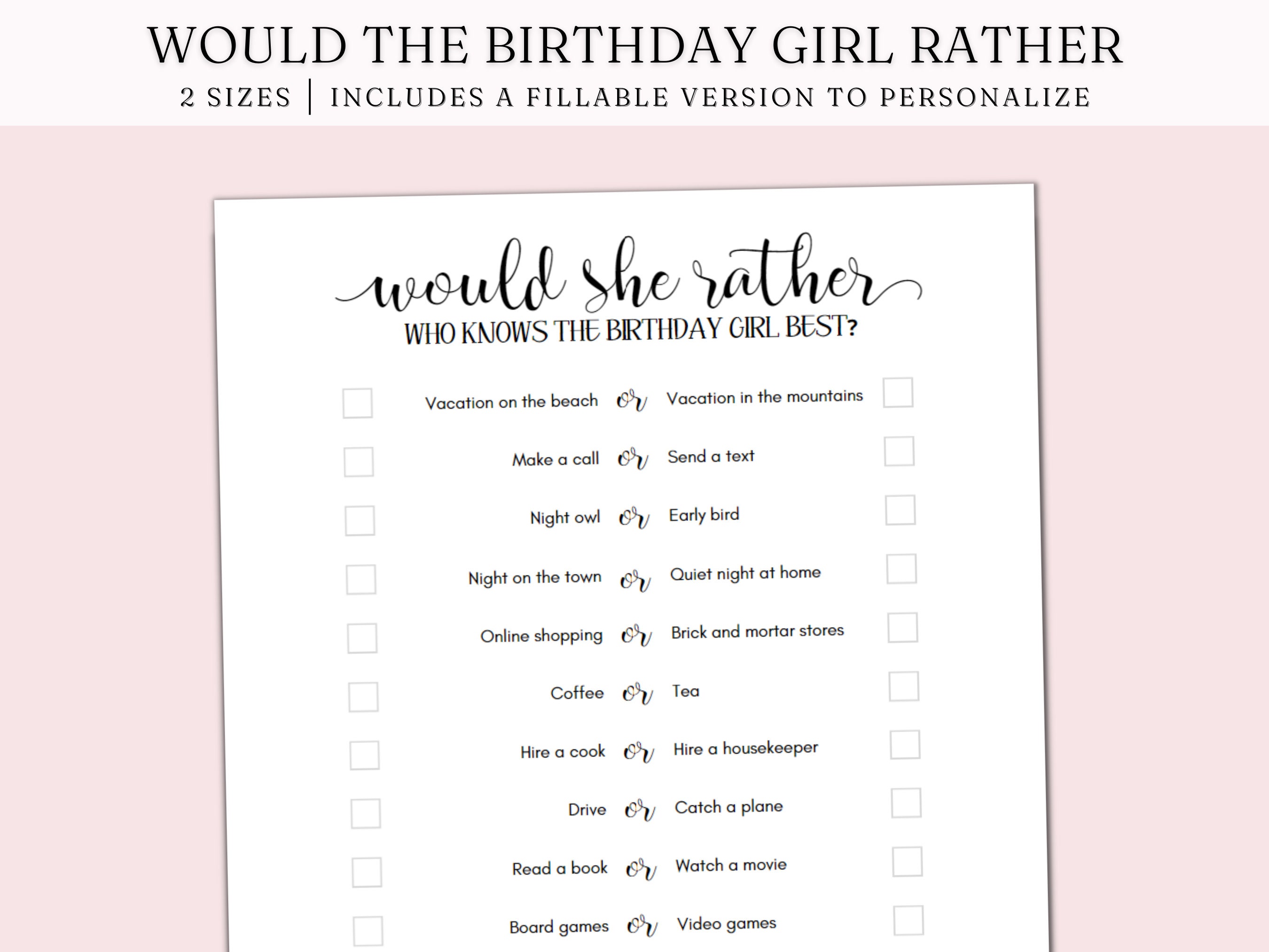 Editable Would She Rather Birthday Party Game, How Well Do You Know the ...
