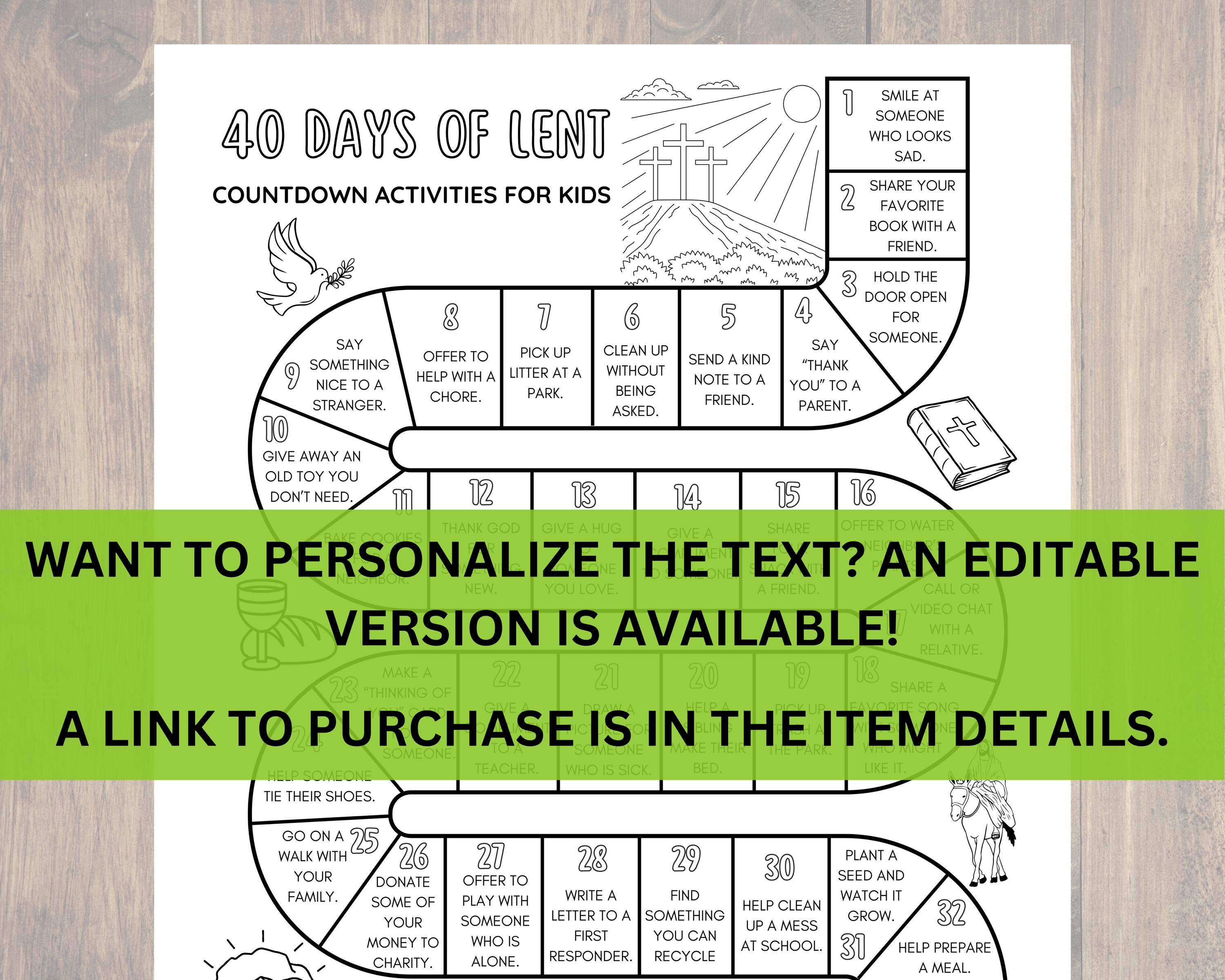 40 Days of Lent Calendar for Kids, Family Lent Countdown, Catholic ...