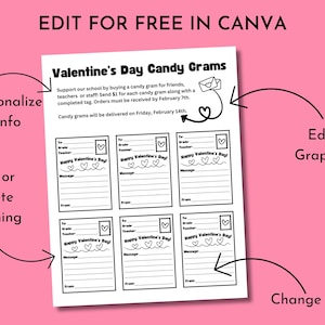 Editable Valentine's Day Candy Gram, Gram Form Edit in Canva, PTA PTO ...