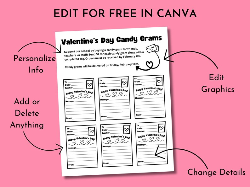 Editable Valentine's Day Candy Gram, Gram Form Edit in Canva, PTA PTO ...