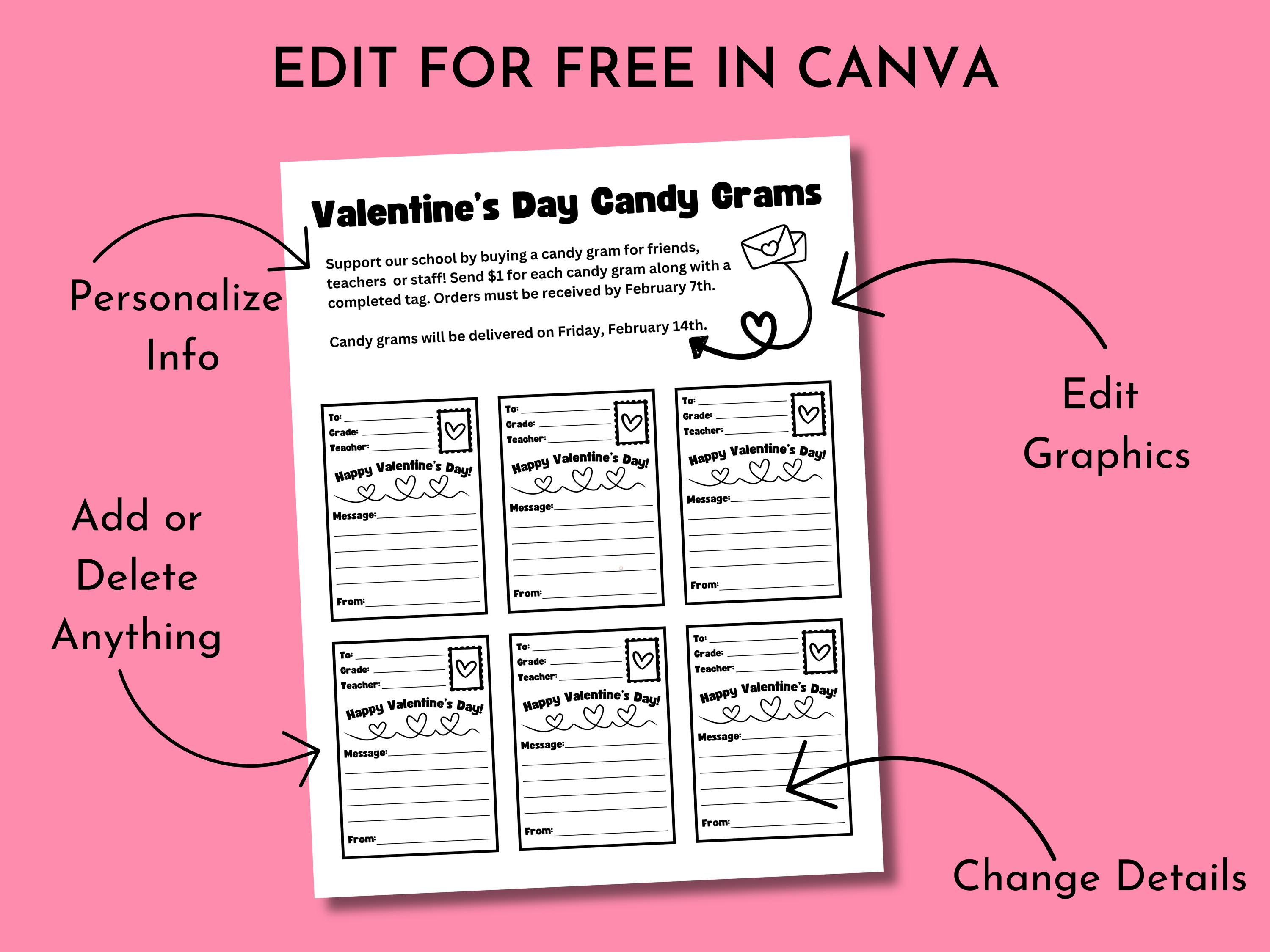 Editable Valentine's Day Candy Gram, Gram Form Edit in Canva, PTA PTO ...