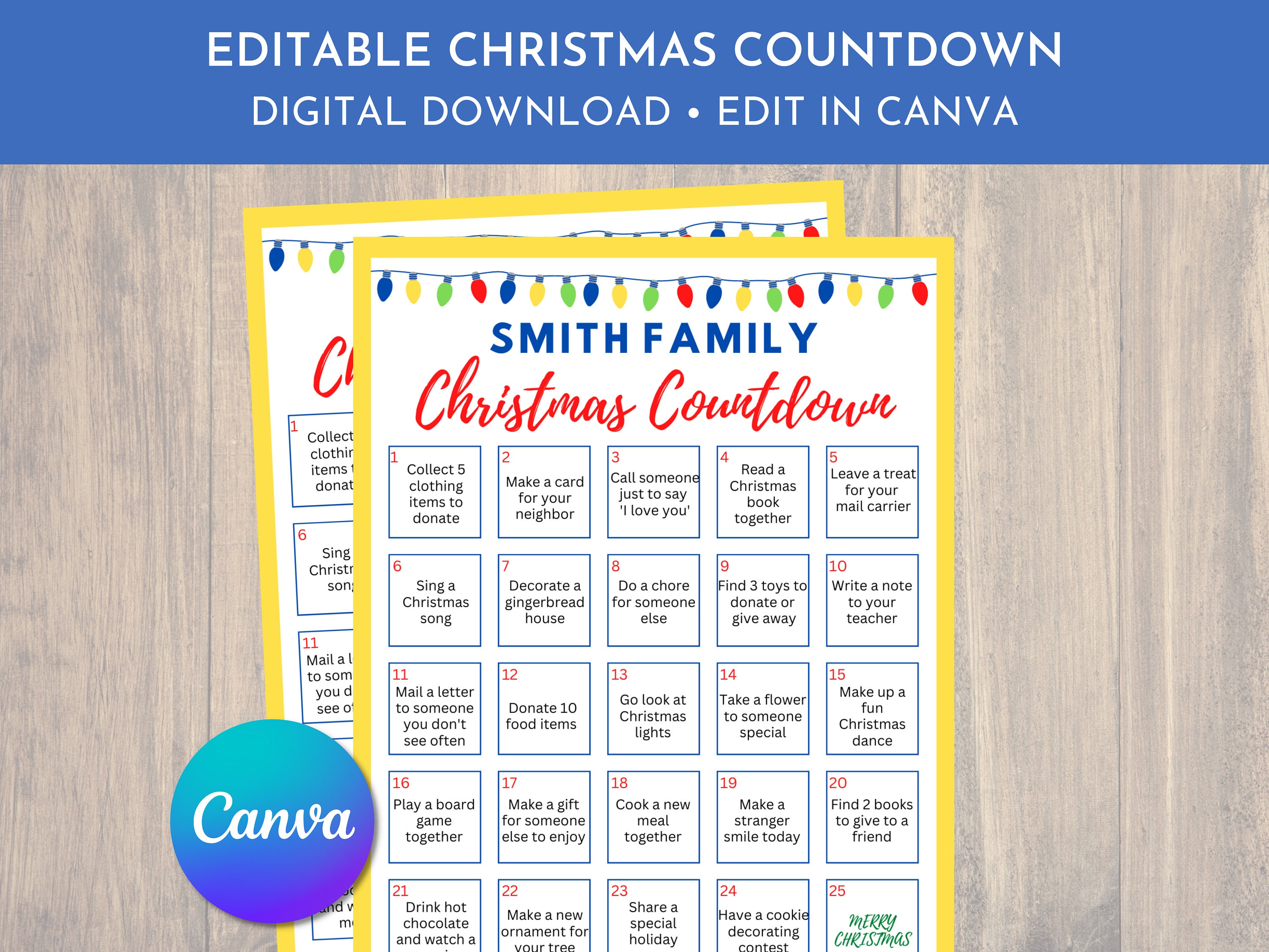 Editable Christmas Countdown Calendar, Family Activity Christmas ...
