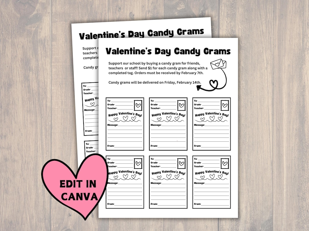 Editable Valentine's Day Candy Gram, Gram Form Edit in Canva, PTA PTO ...