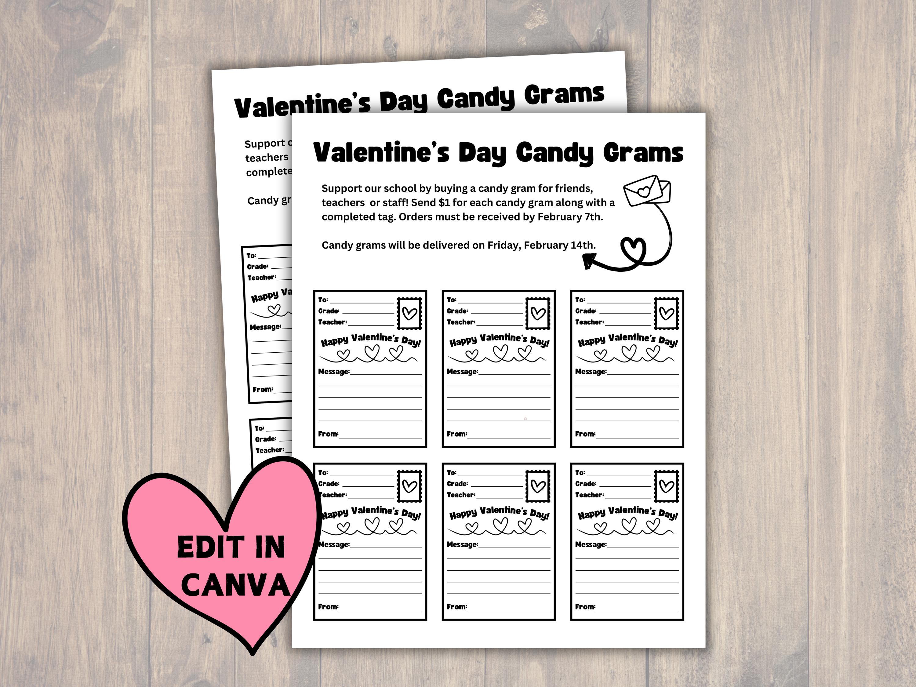 Editable Valentine's Day Candy Gram, Gram Form Edit in Canva, PTA PTO ...