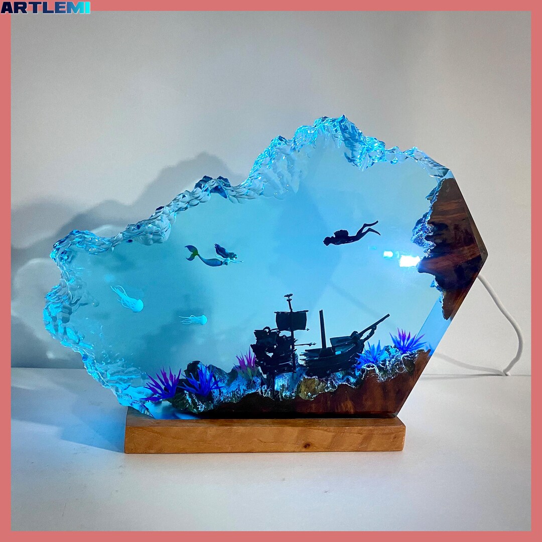 Resin Night Lights, Little Mermaid & Human Epoxy Resin Wood Night Light ...