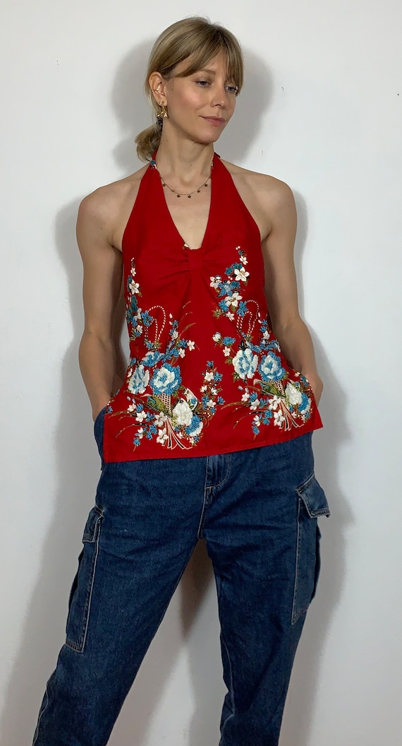 2000s red halter neck top with bead embroidery, Vinta… - Gem