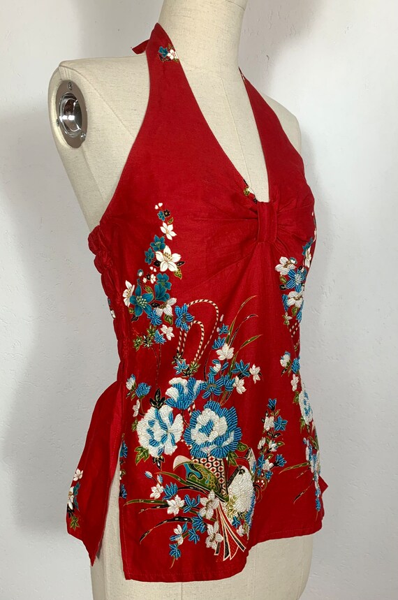 2000s red halter neck top with bead embroidery, Vinta… - Gem