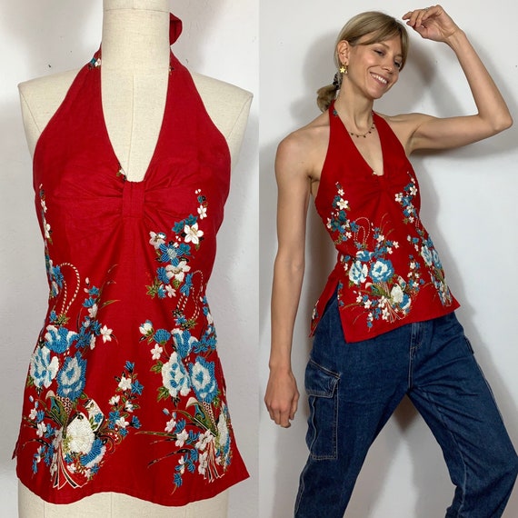2000s red halter neck top with bead embroidery, Vinta… - Gem