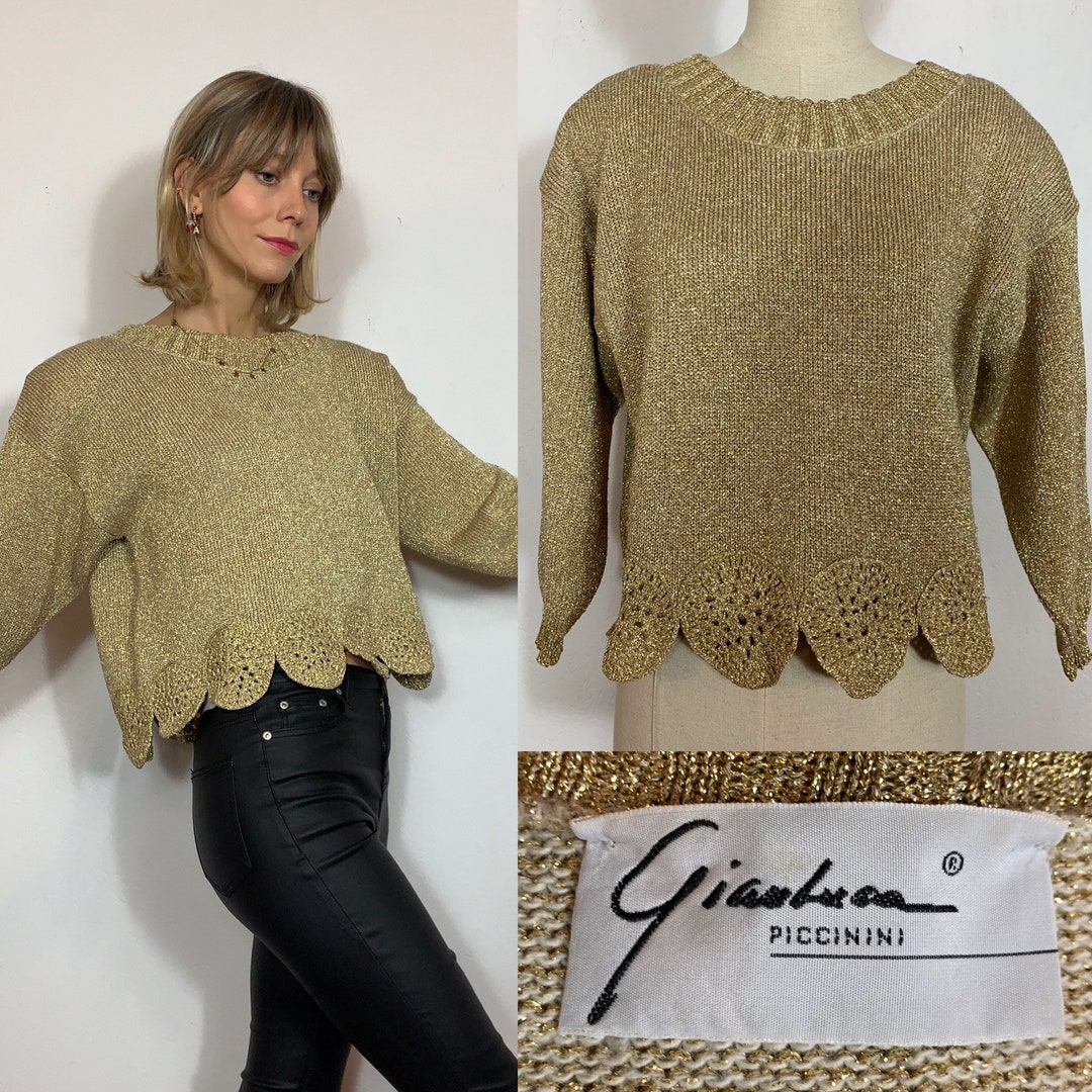 1980s Golden Lurex Sweater, Vintage Sweater, Crocheted Sweater, Gold ...