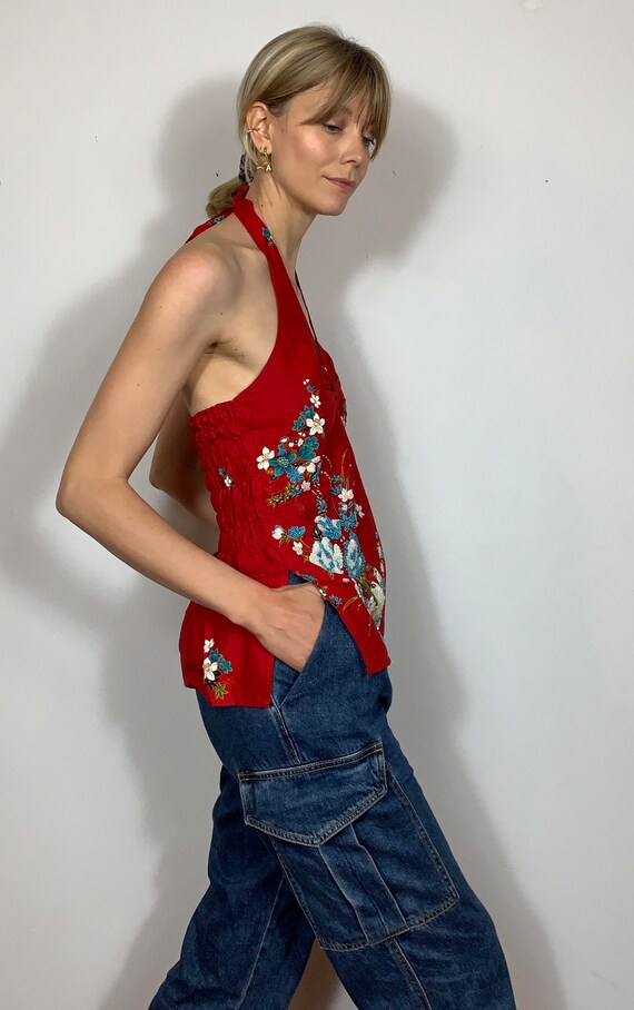 2000s red halter neck top with bead embroidery, Vinta… - Gem