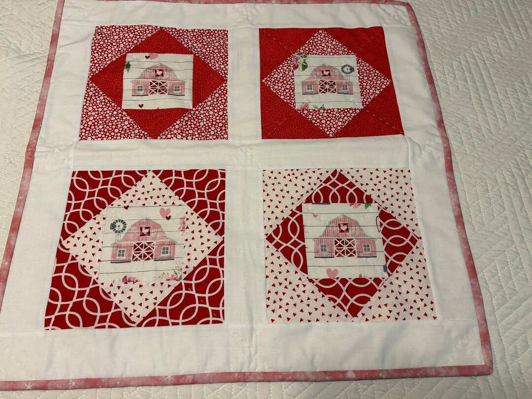 Reversible- Pink Barns Table Topper, Barns Mini Wall Quilt, Barns Table ...
