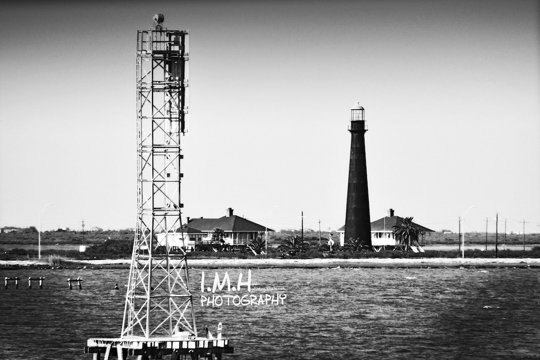 Old & New Port Bolivar Light- Bolivar Point Lighthouse- Black and White ...