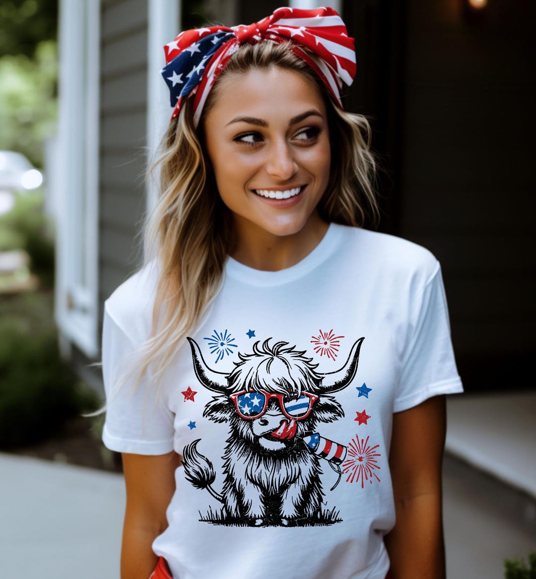 Highland Cow Fireworks Shirt. 4th of July Tee. Flag Sweatshirt. Funny ...