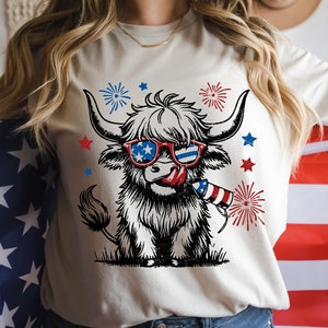 Highland Cow Fireworks Shirt. 4th of July Tee. Flag Sweatshirt. Funny ...