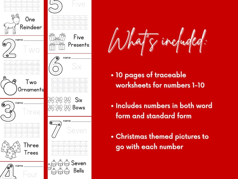 Christmas Number Tracing Worksheets 1-10 - Etsy