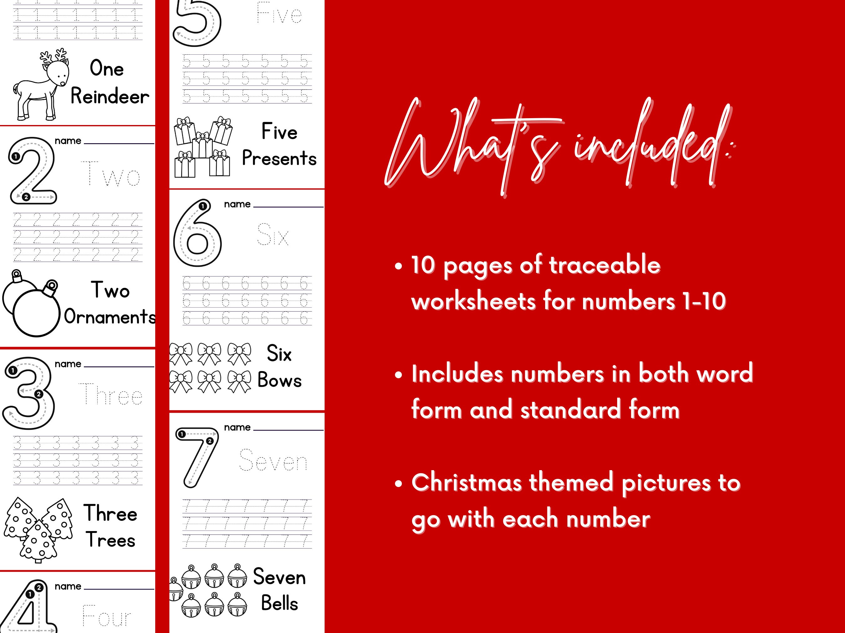 Christmas Number Tracing Worksheets 1-10 - Etsy
