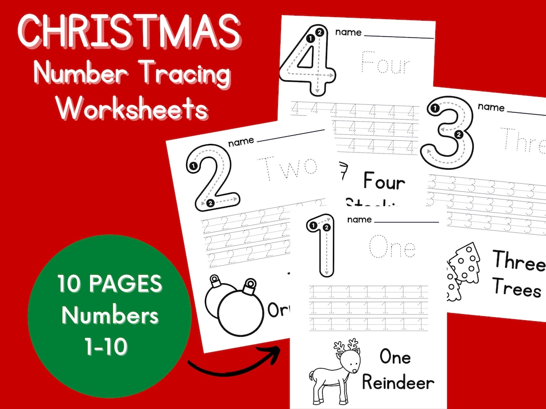 Christmas Number Tracing Worksheets 1-10 - Etsy