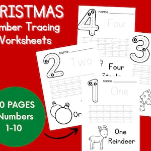 Christmas Number Tracing Worksheets 1-10 - Etsy