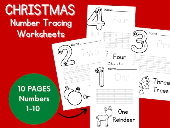 Christmas Number Tracing Worksheets 1-10 - Etsy