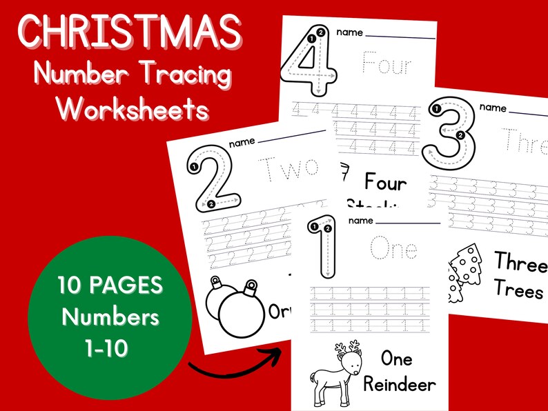 Christmas Number Tracing Worksheets 1-10 - Etsy