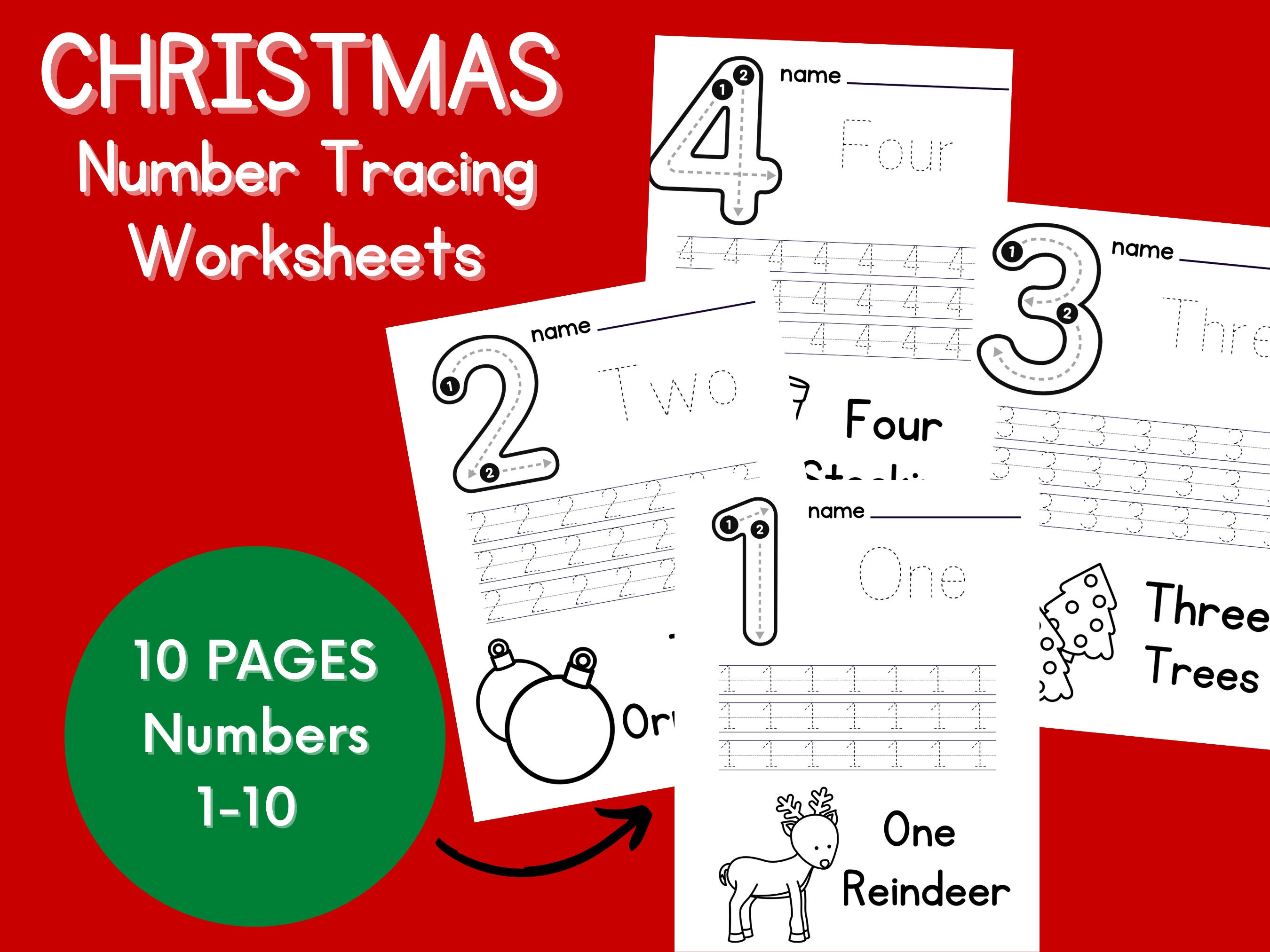 Christmas Number Tracing Worksheets 1-10 - Etsy