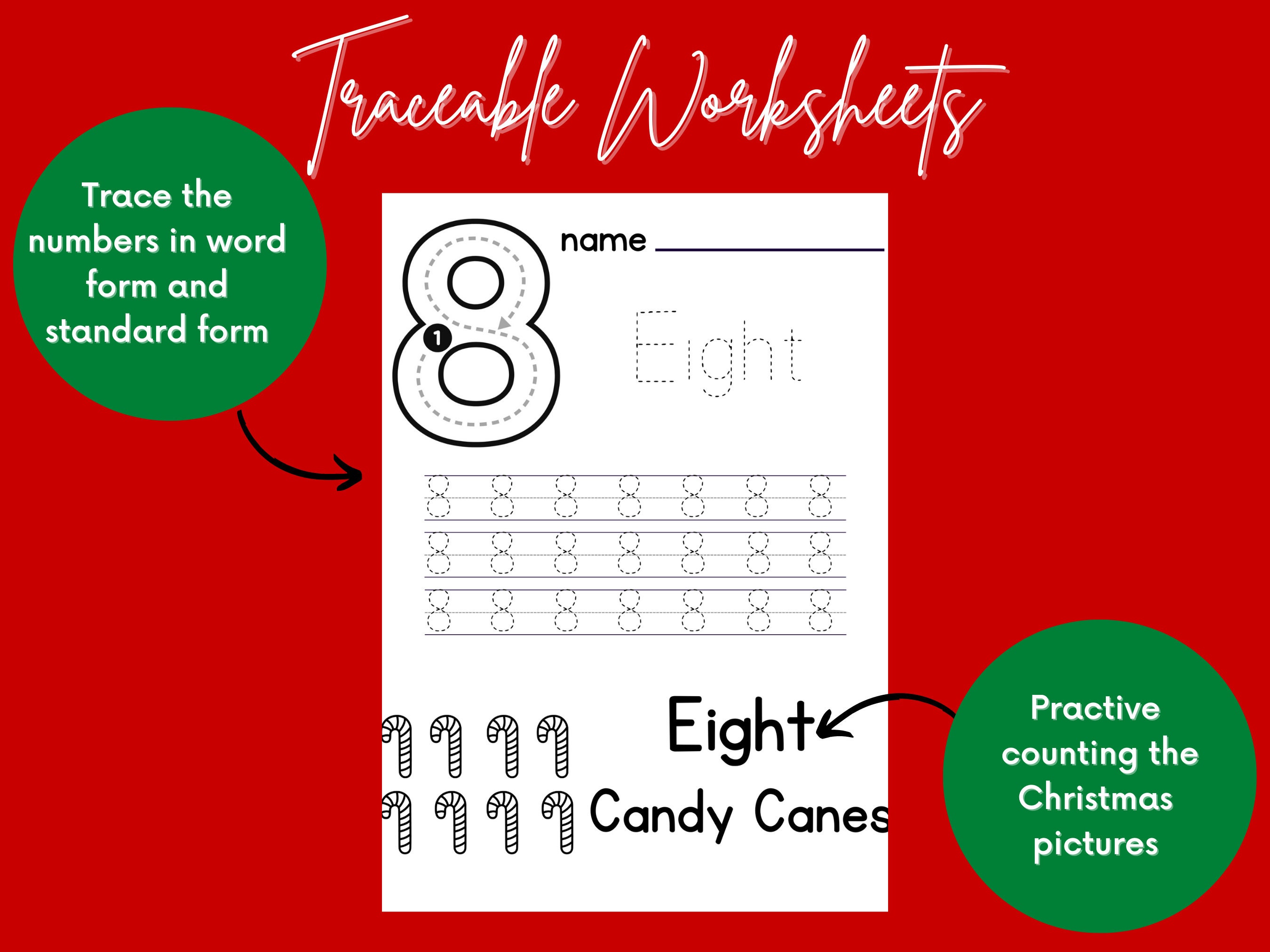 Christmas Number Tracing Worksheets 1-10 - Etsy