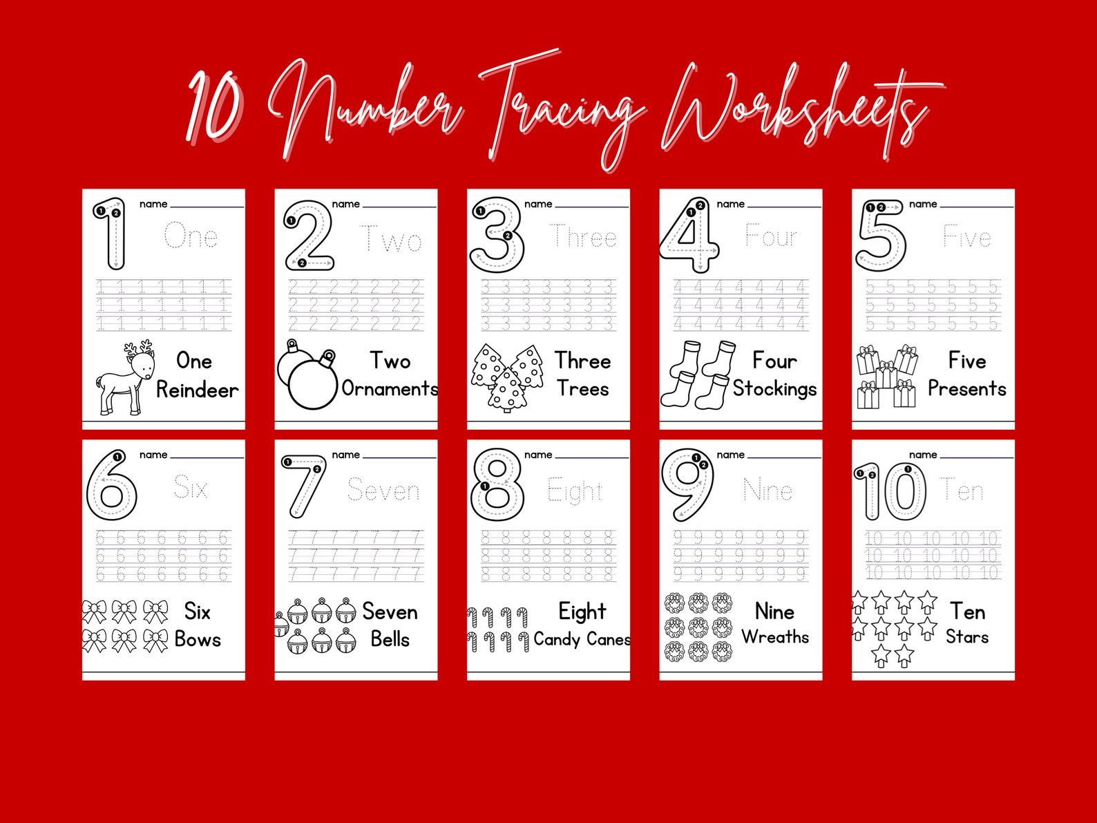 Christmas Number Tracing Worksheets 1-10 - Etsy