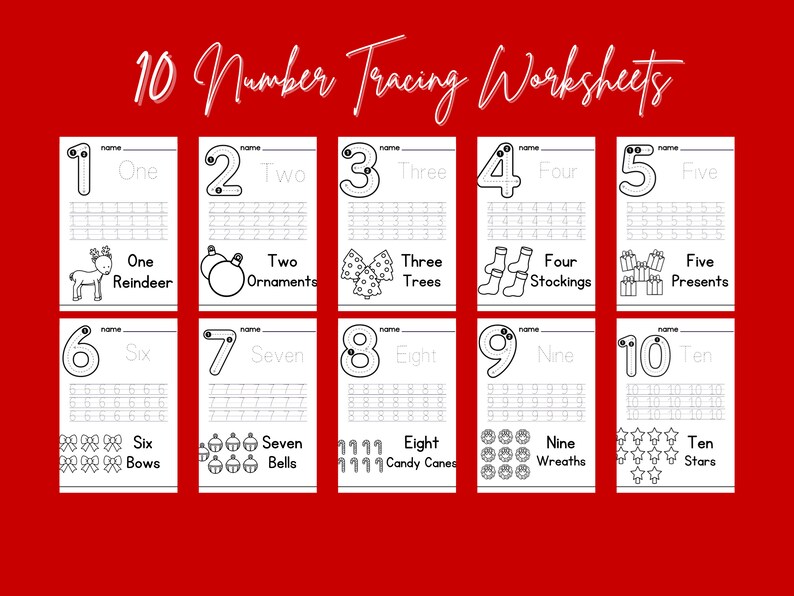 Christmas Number Tracing Worksheets 1-10 - Etsy