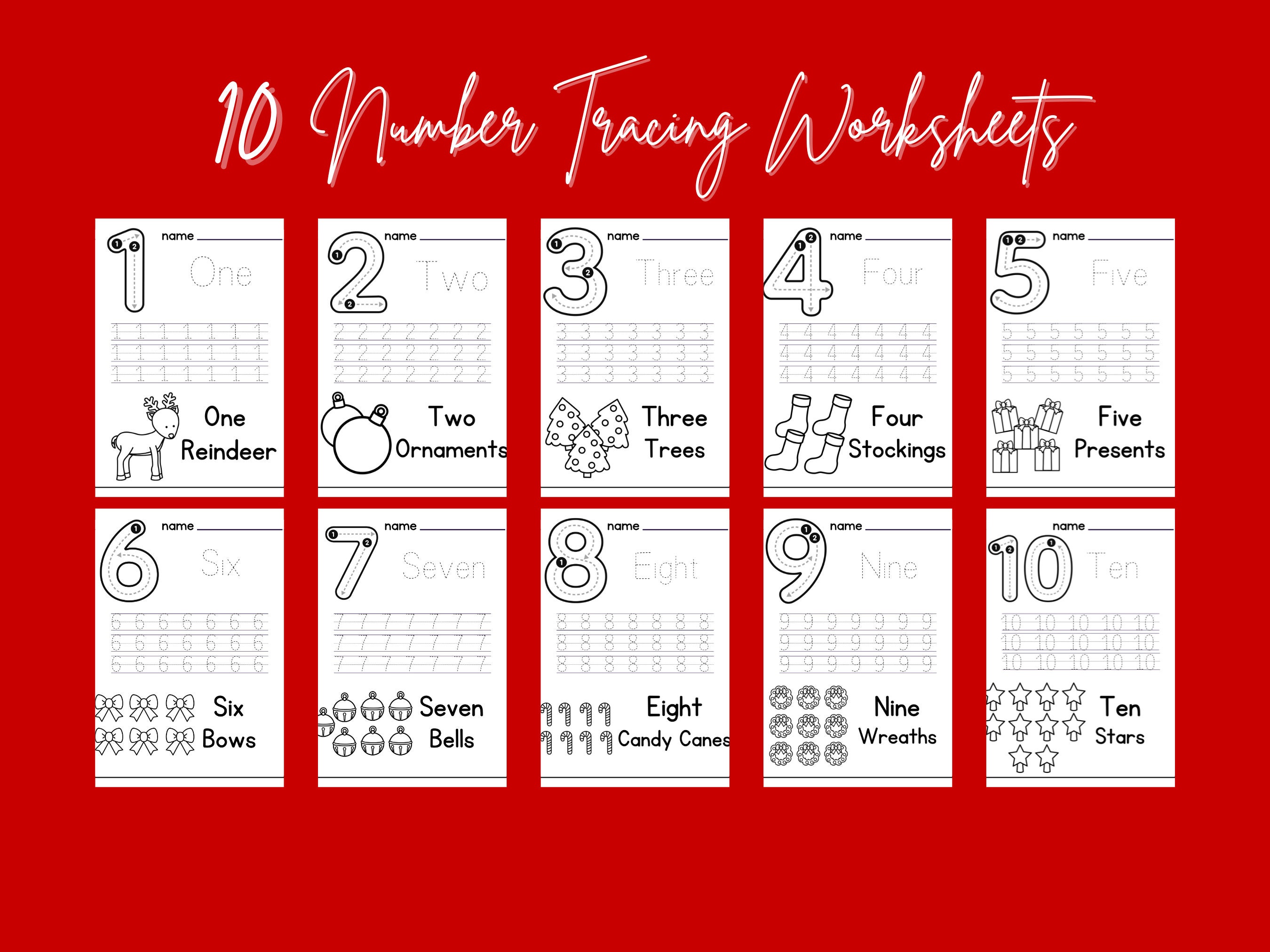 Christmas Number Tracing Worksheets 1-10 - Etsy