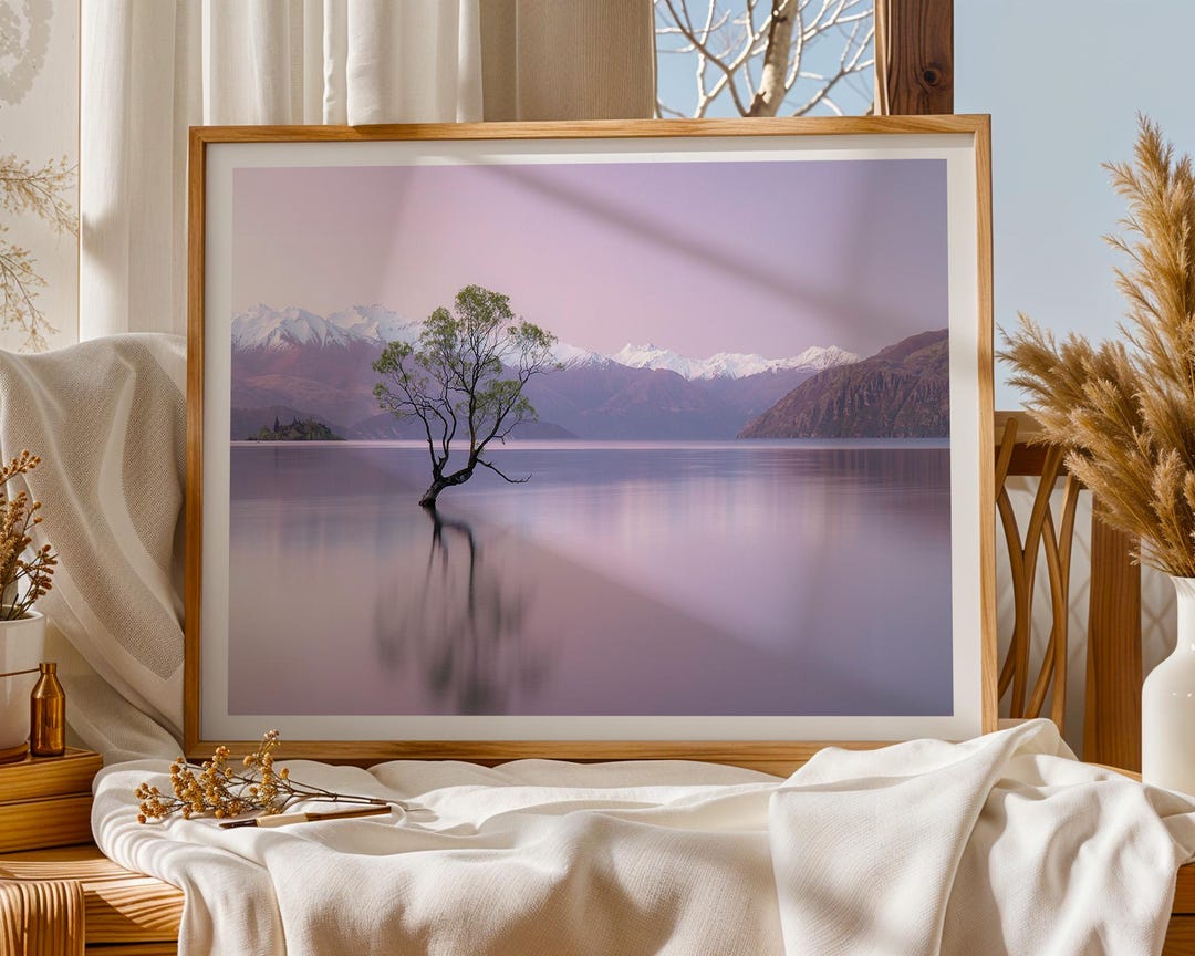 WANAKA TREE PRINT New Zealand Wall Art, Mountain Artwork, Purple Wall ...