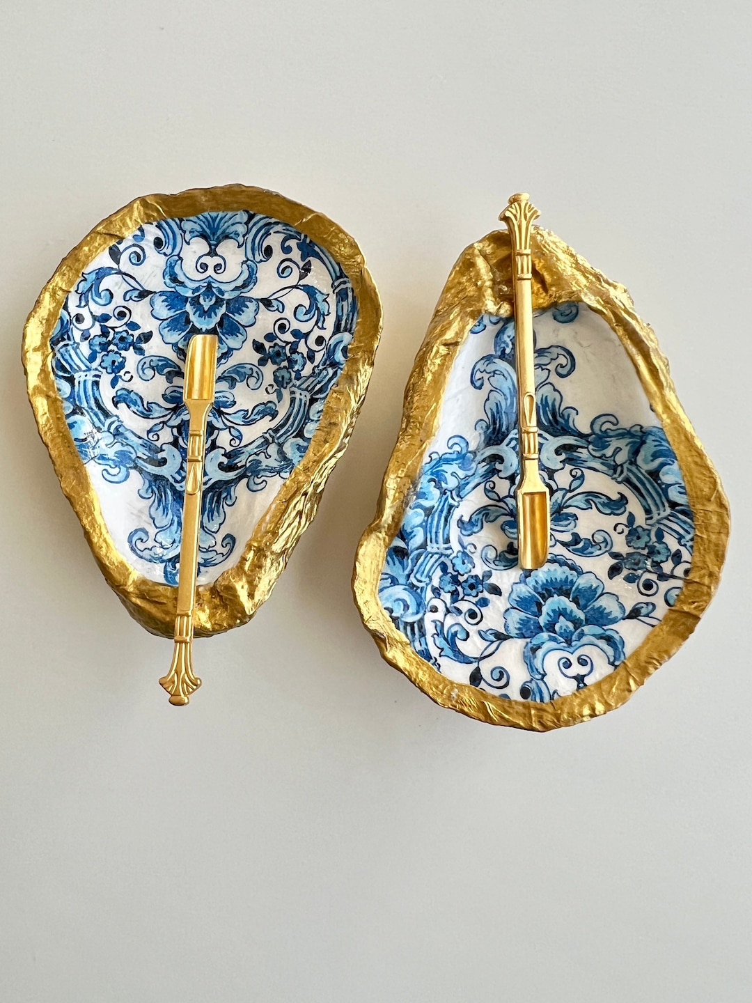 Oyster Chinoiserie Salt and Pepper Set With Golden Spoons Oyster Salt ...