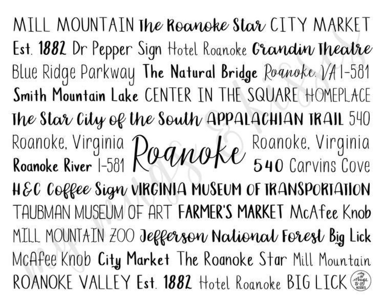 Personalized Roanoke VA Printable Download Art | Unique Roanoke Gift ...