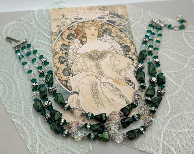Vintage 1960s Czech Art Glass and Crystal Necklace - Triple Strand ...