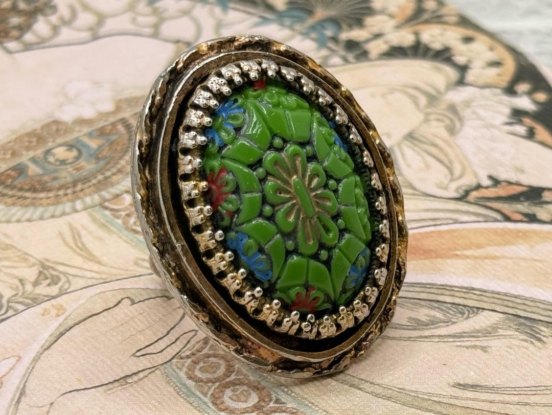Vintage Statement Moulded Glass Ring - Green Mosaic - Red and Blue ...