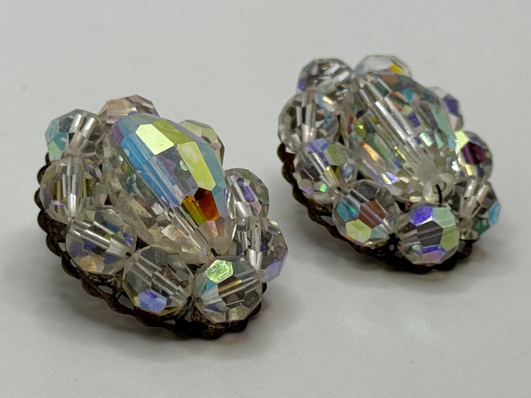 Vintage 1950s/60s Austrian AB Crystal Clip on Earrings - Oval Elongated ...