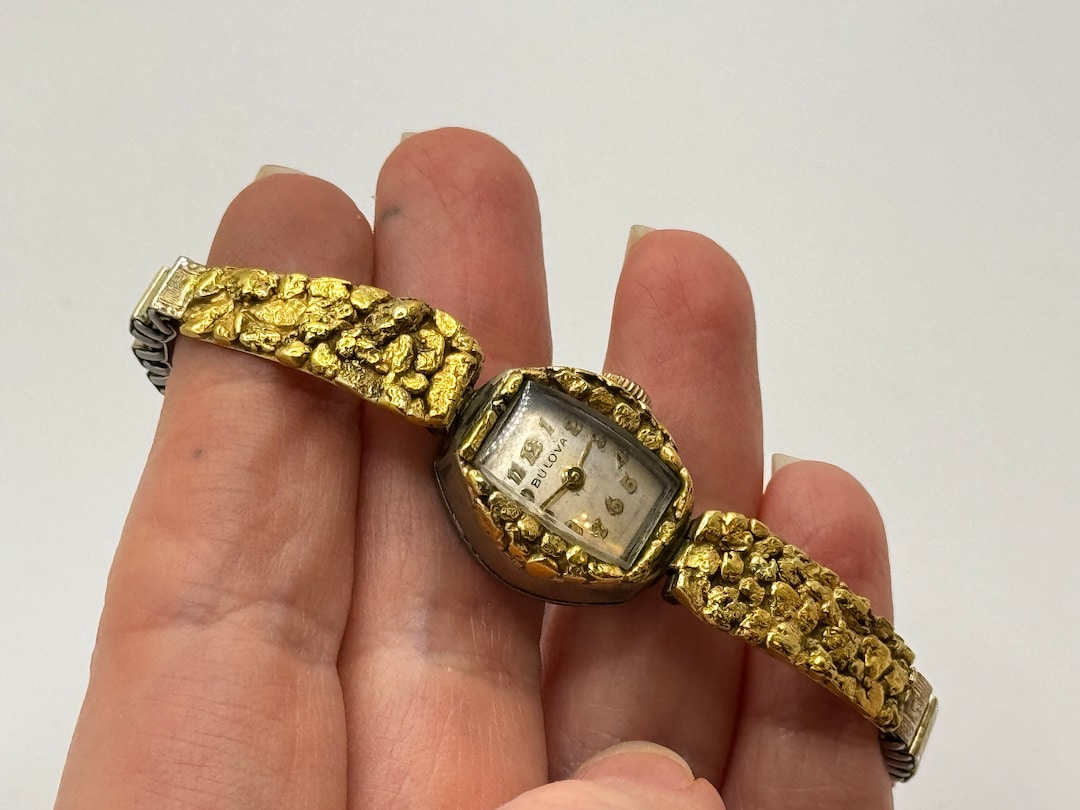 Vintage 1960s Genuine Gold Nugget BULOVA Ladies Watch - 10k Gold Panels ...