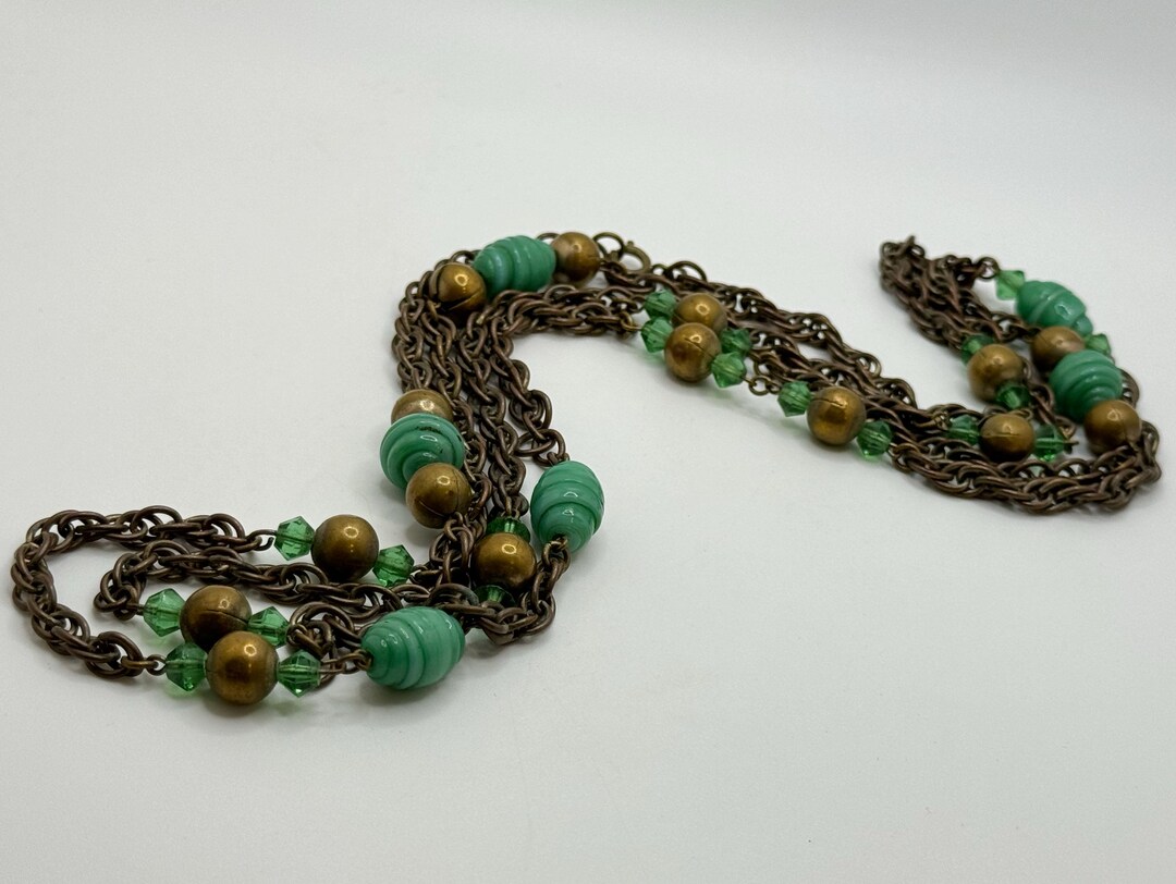 Antique 1920s Art Deco Flapper Necklace - Copper and Brass - Green ...