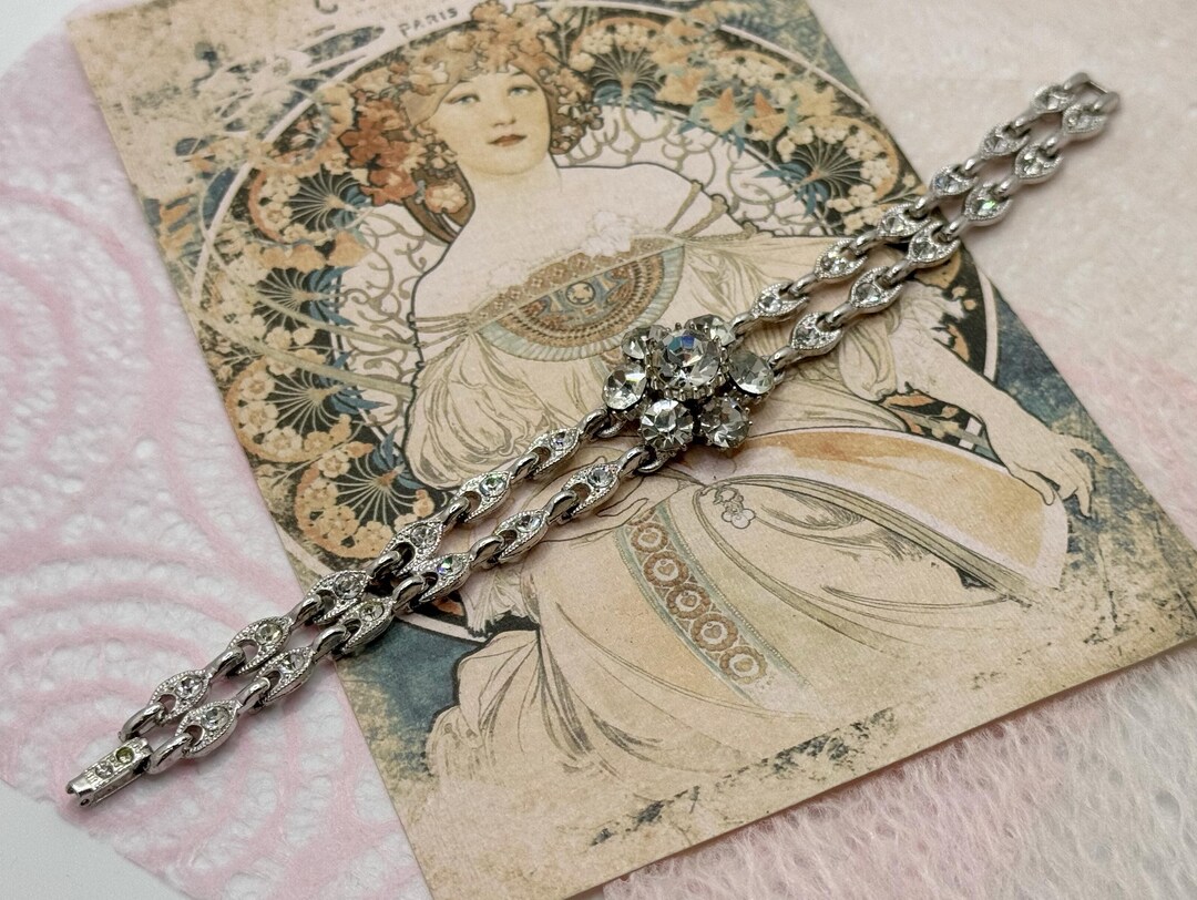 Vintage 1950s/60s Rhinestone Bracelet - Silver Plated and Clear ...